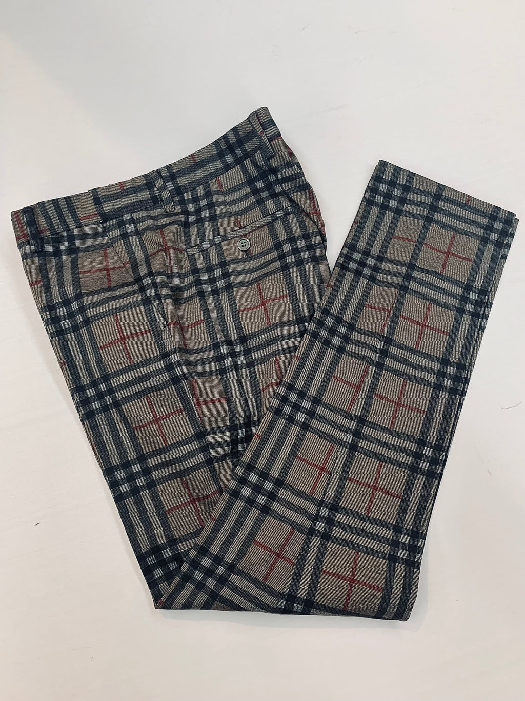 Slim Fitting Stretch Neutral Tan/Red/Black Plaid Slack